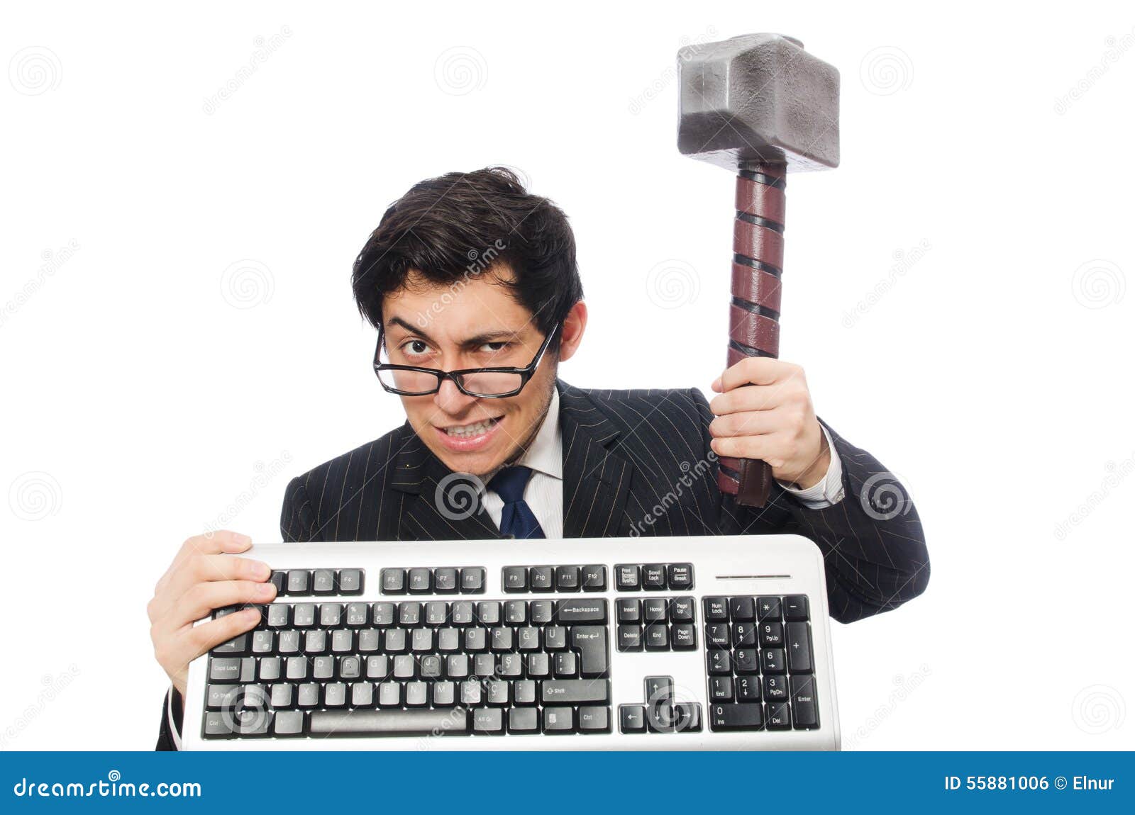 Young Employee with Keyboard Isolated on White Stock Photo - Image of ...