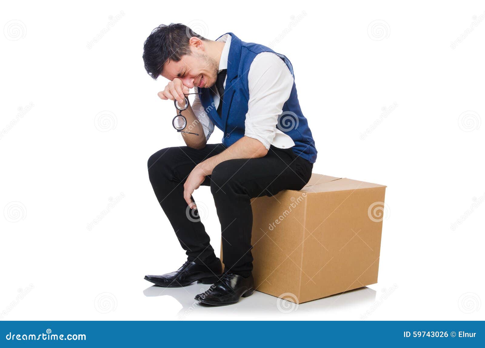 Young Employee Sitting on the Box Isolated on Stock Photo - Image of ...