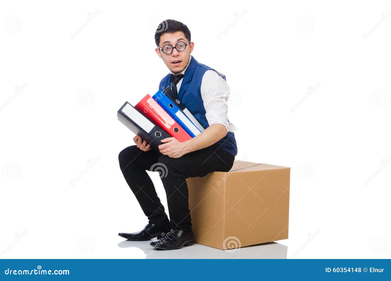 Young Employee Sitting on the Box Isolated on Stock Photo - Image of ...