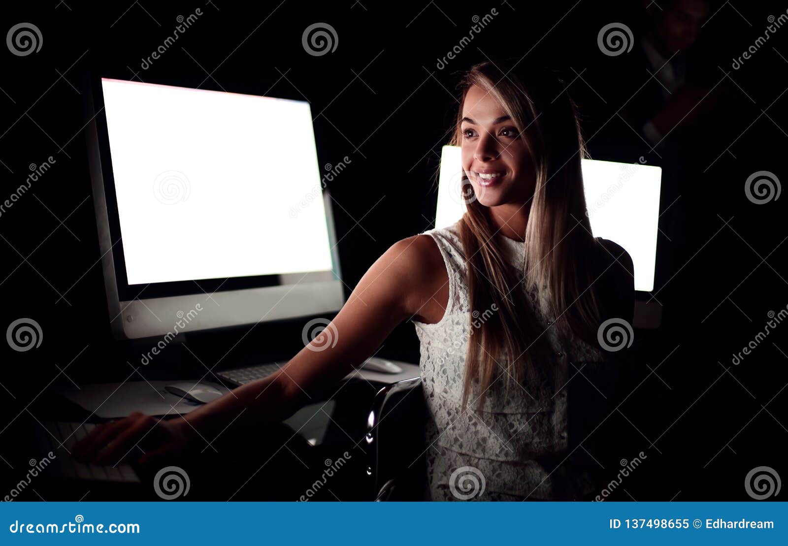 Young Employee Sitting in Computer Room at Night Stock Image - Image of ...