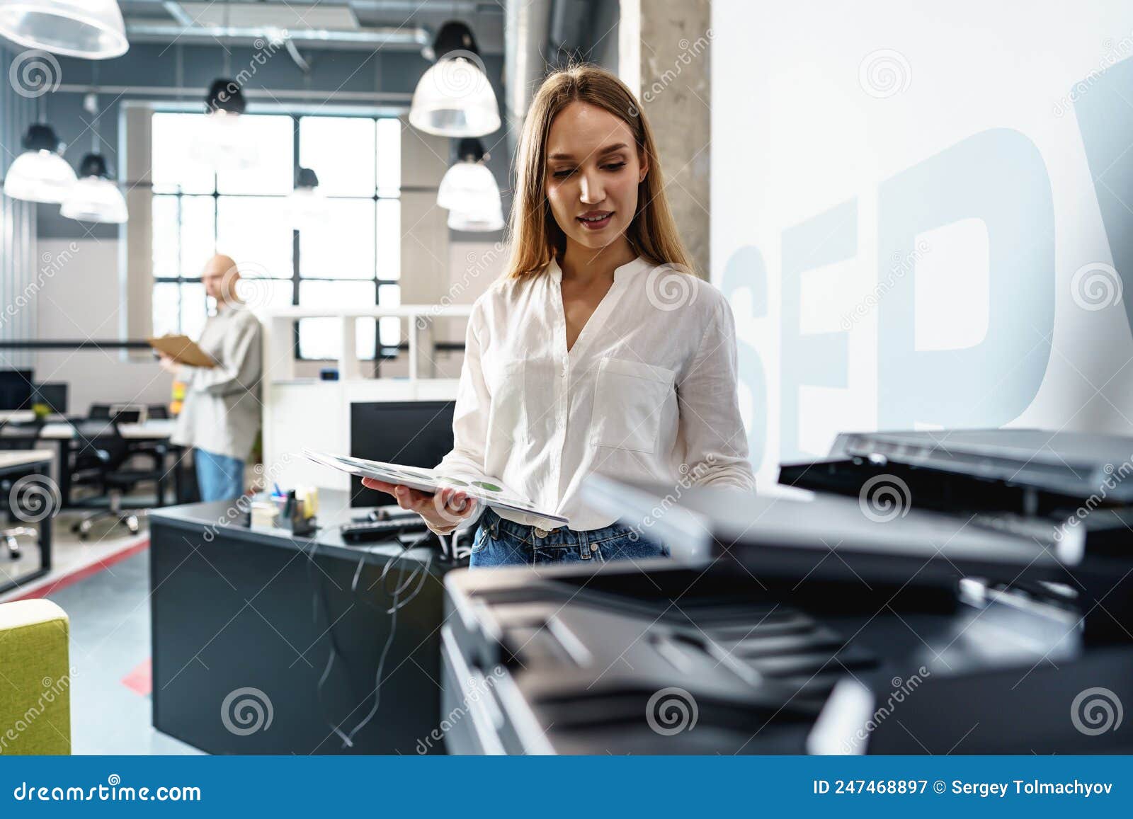 Young Employee Using Modern Printer in Office Stock Image - Image of ...