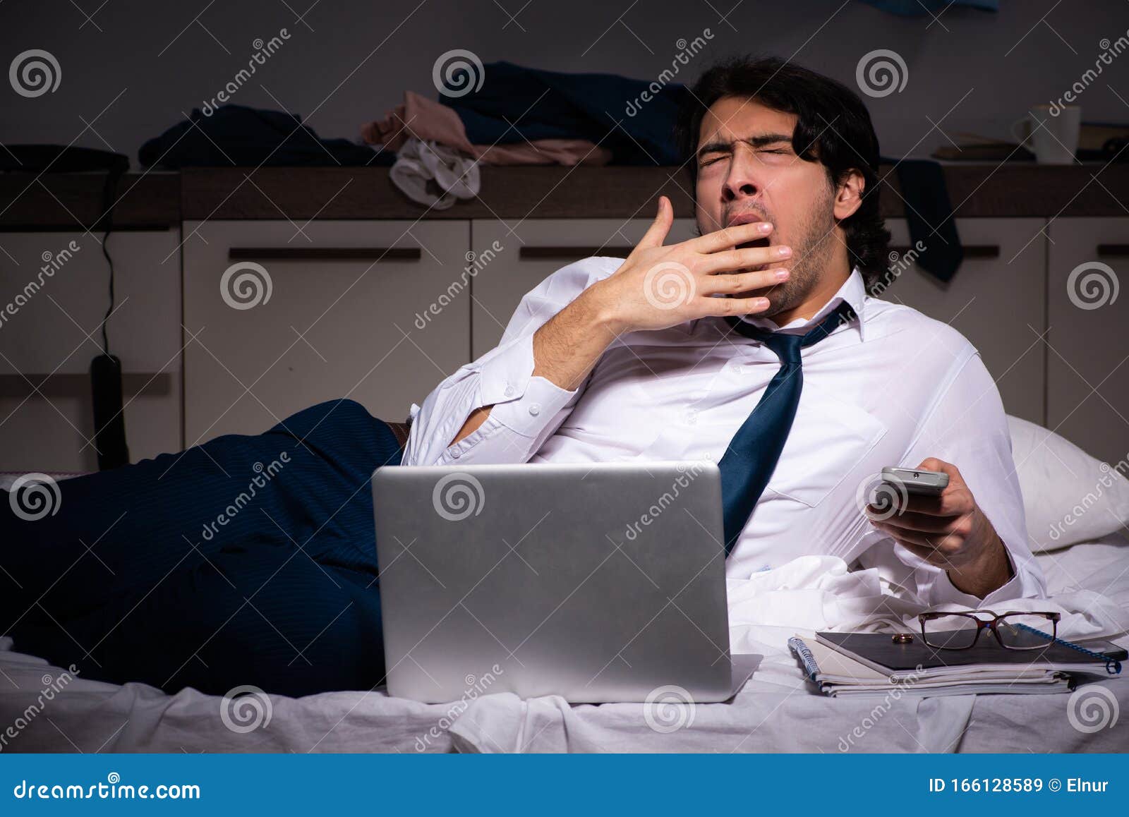 Young Employee Working at Home after Night Shift Stock Image - Image of ...