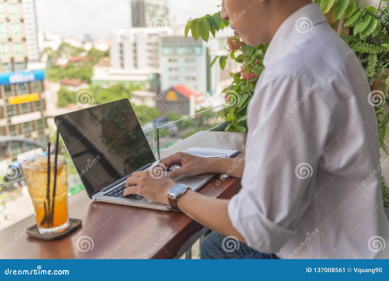 Young Employee Working on Laptop Outside Stock Image - Image of people ...