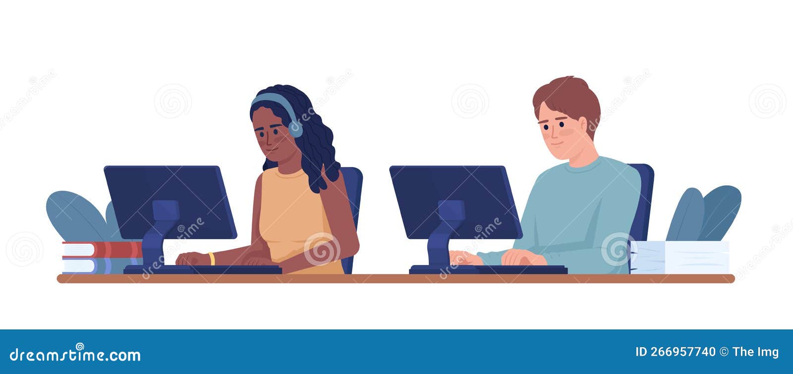 Young Employees Working Side by Side Semi Flat Color Vector Characters ...