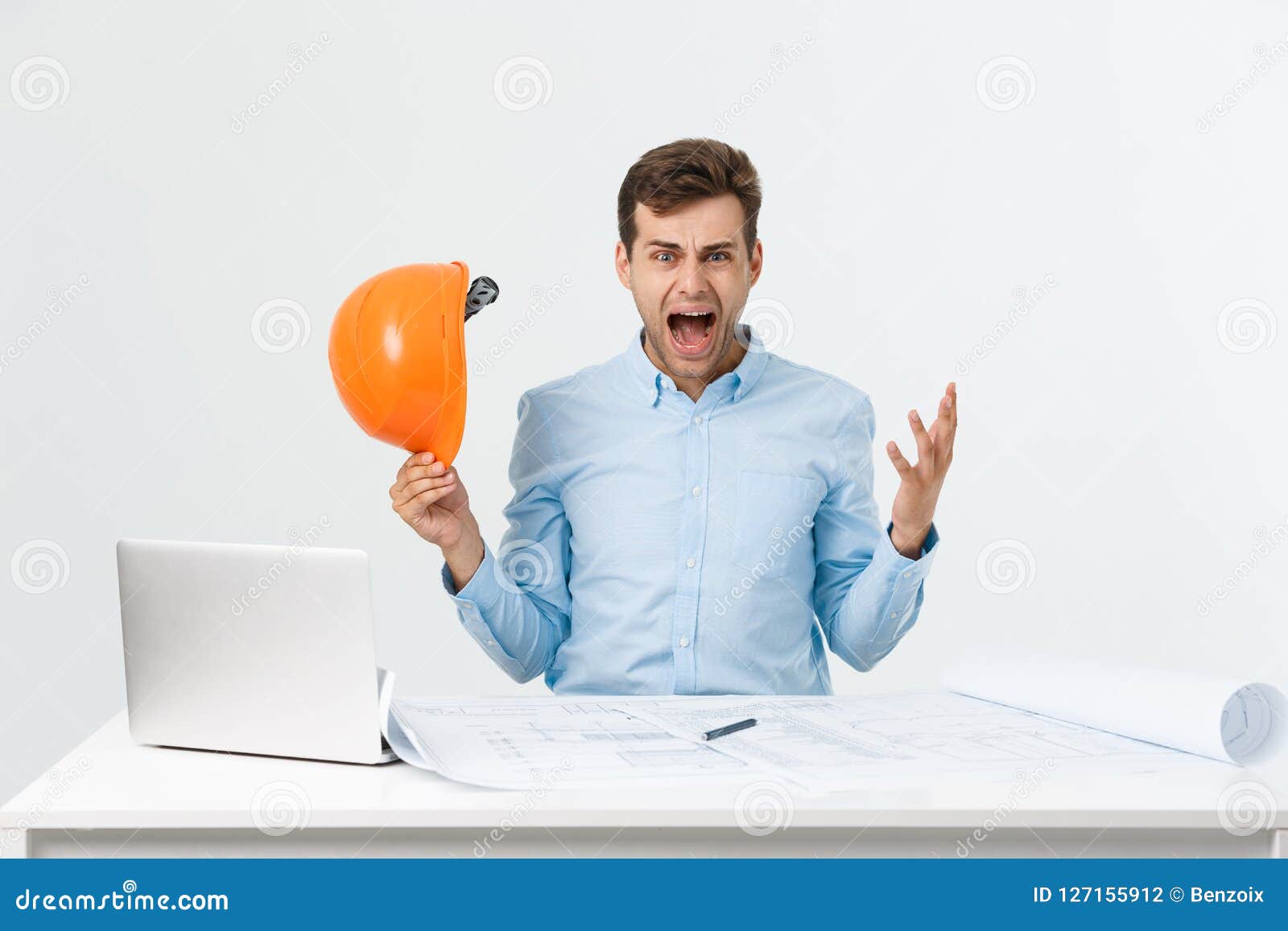 Young Engineer Angry during Working with Laptop in Office Building Site ...