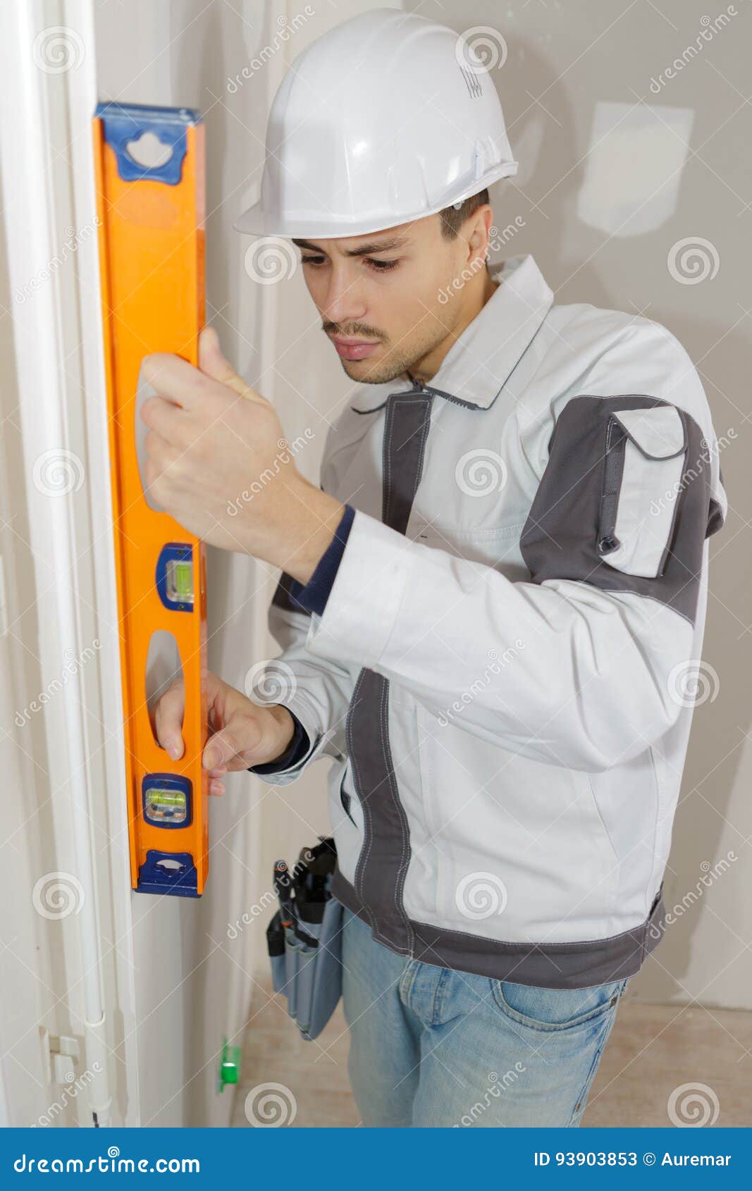 Young Engineer Man Holding Level Inside Stock Image - Image of safety ...