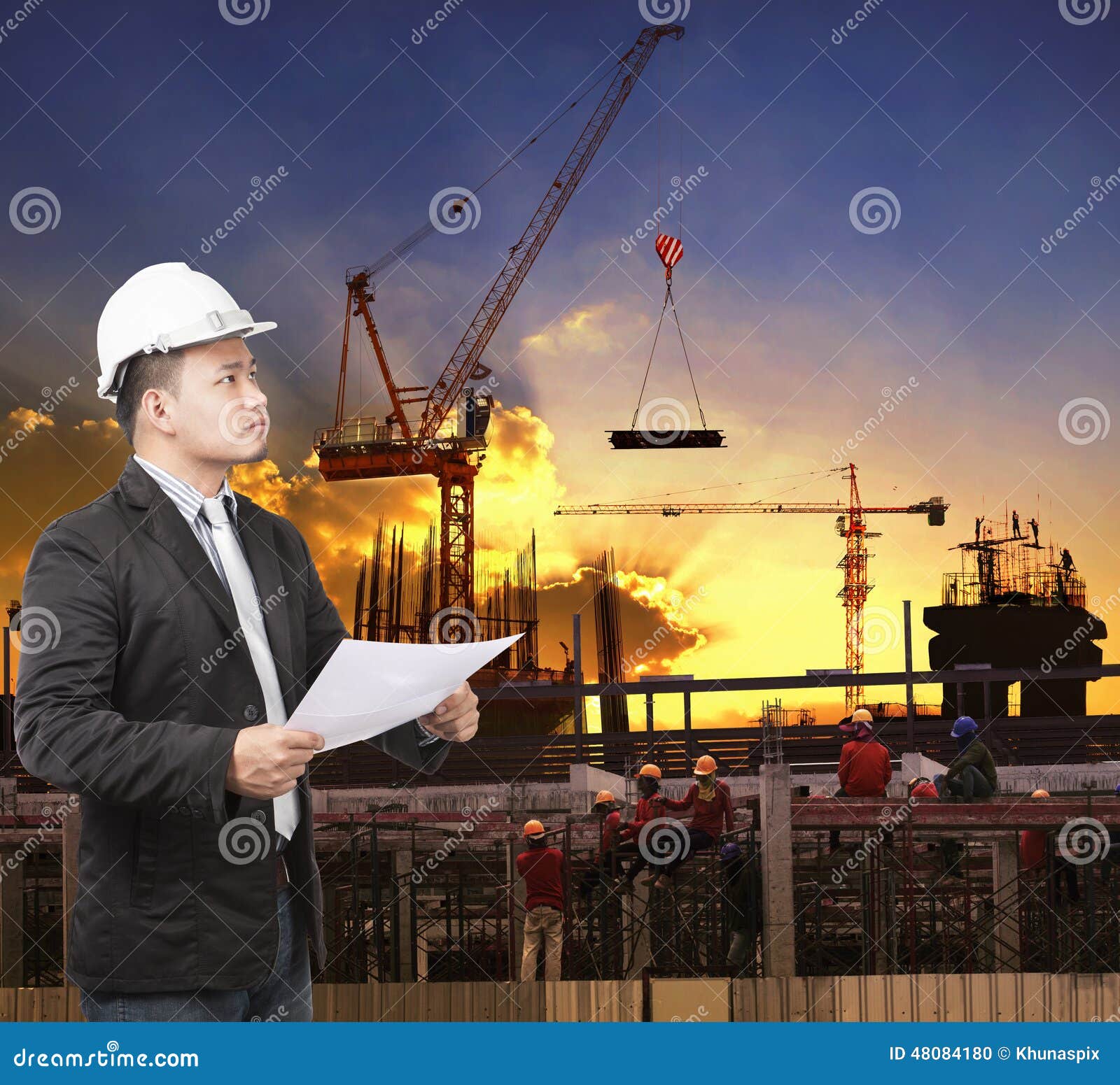Young Engineer Man Working with Construction Plan in Building St Stock ...