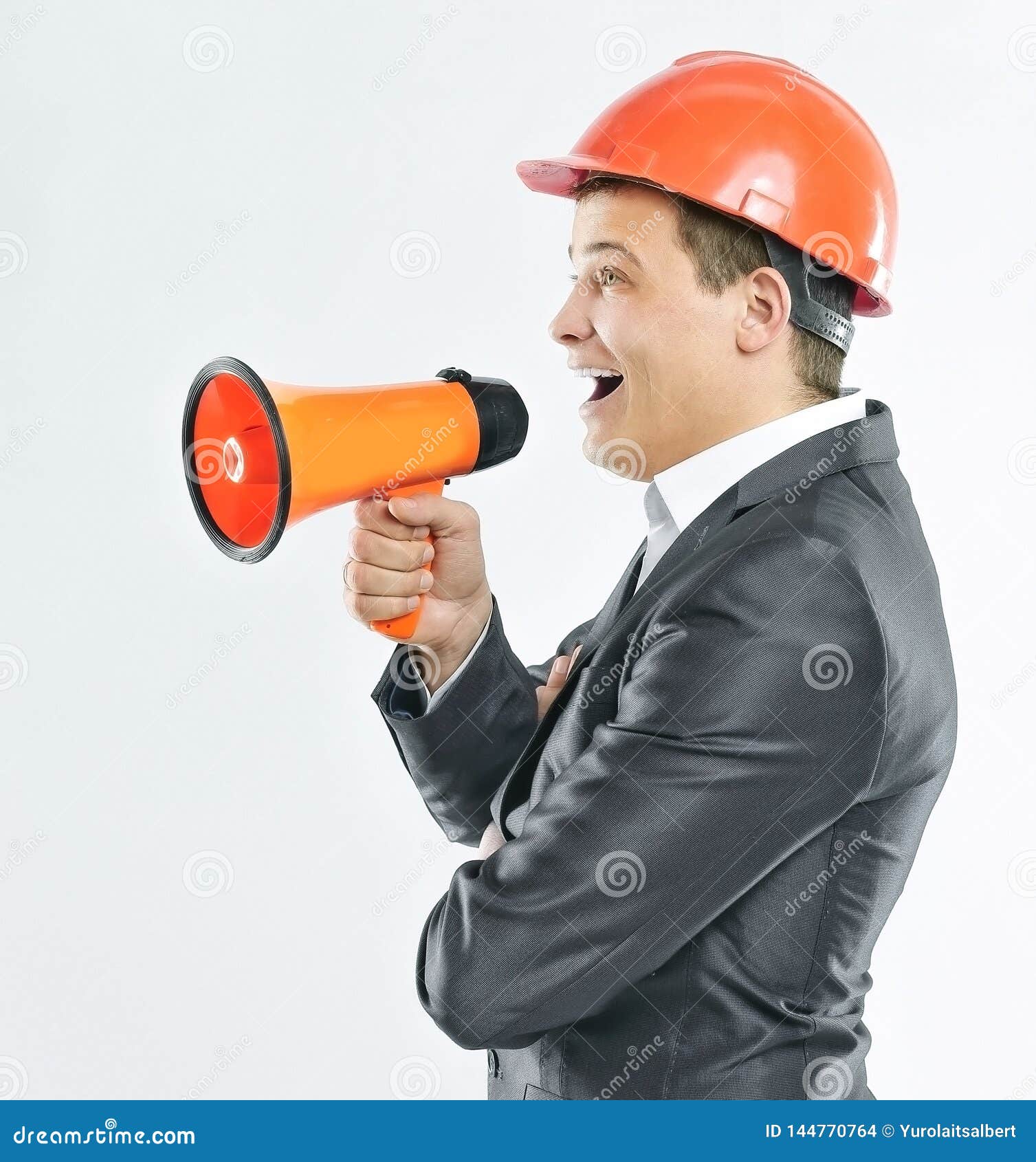Young Engineer with a Megaphone.isolated on White Stock Photo - Image ...