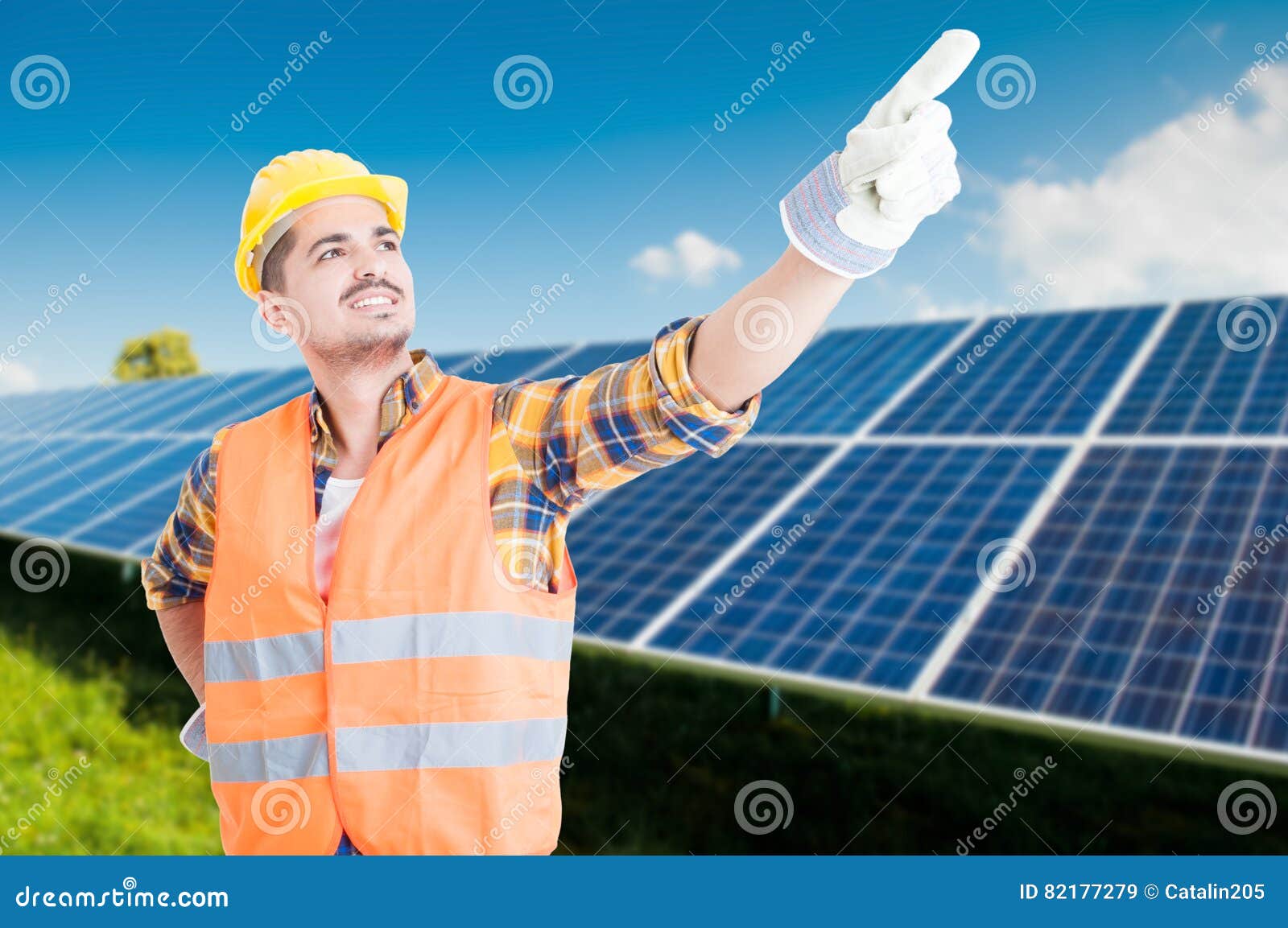 Young Engineer Pointing Finger Up Stock Image - Image of panel, gloves ...