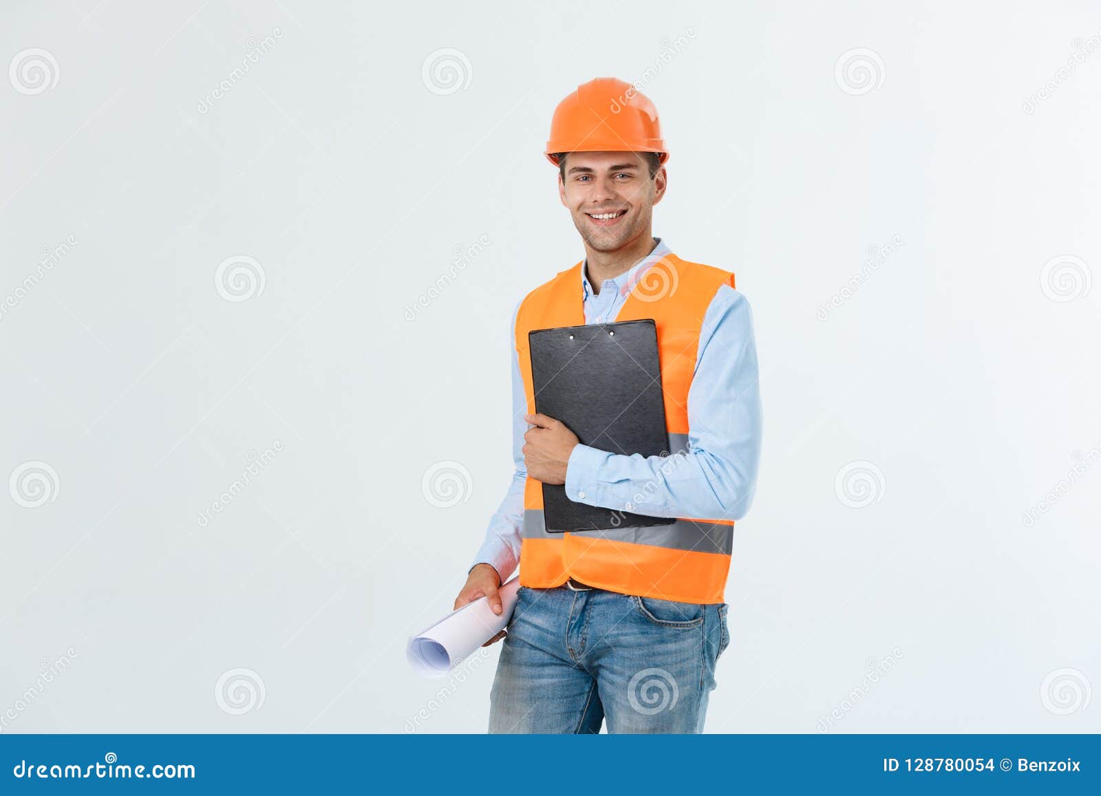 Young Engineer Smiling Isolated on White Background. Stock Photo ...