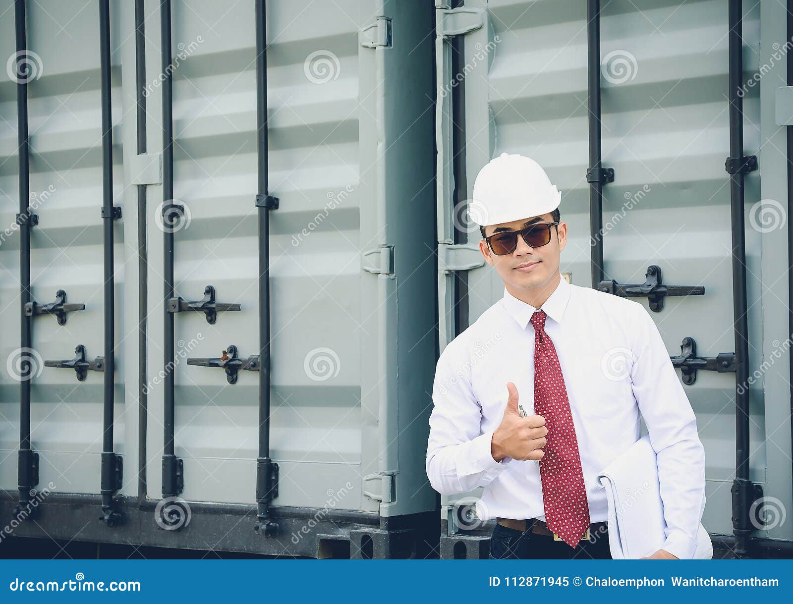 Young Engineer Wearing a White Hat, Red Tie Inspector Holds Thumb is ...