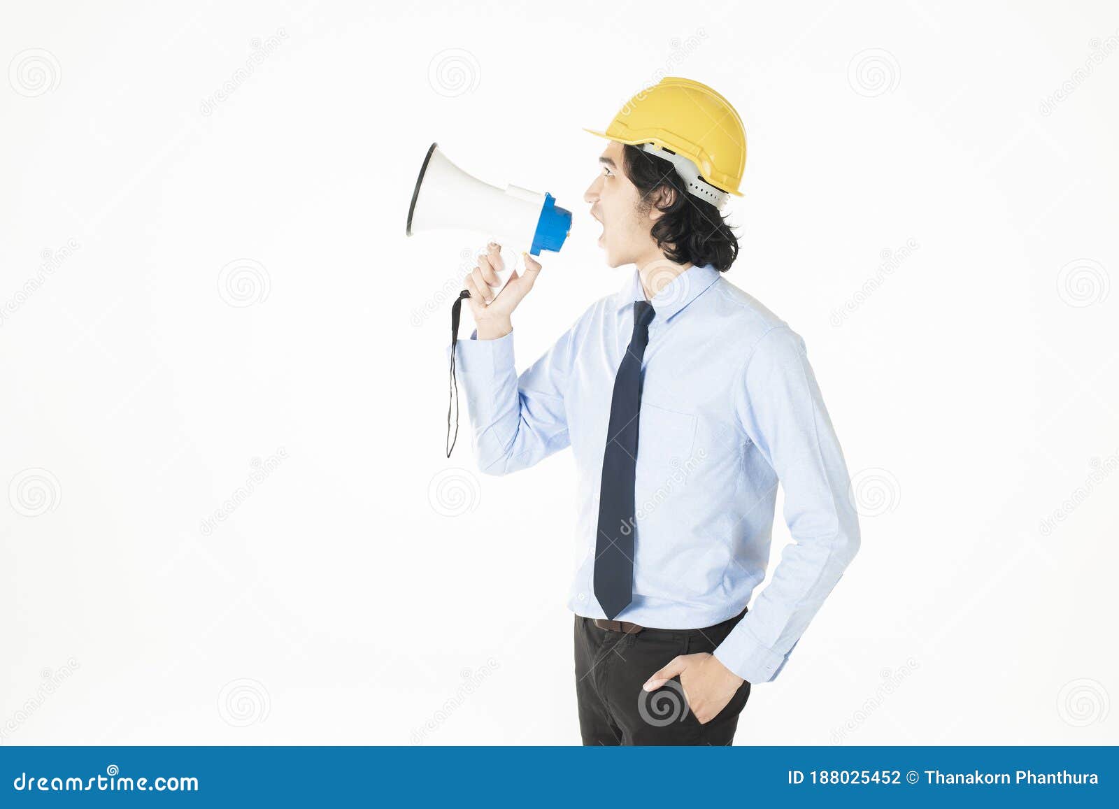 Young Engineering Man is Announcing with Megaphone Stock Photo - Image ...