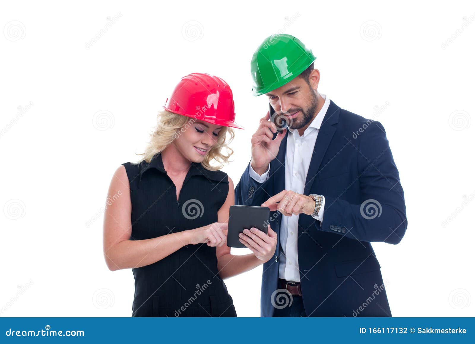 Young Engineers with Mobile Communication Devices Isolated on White ...