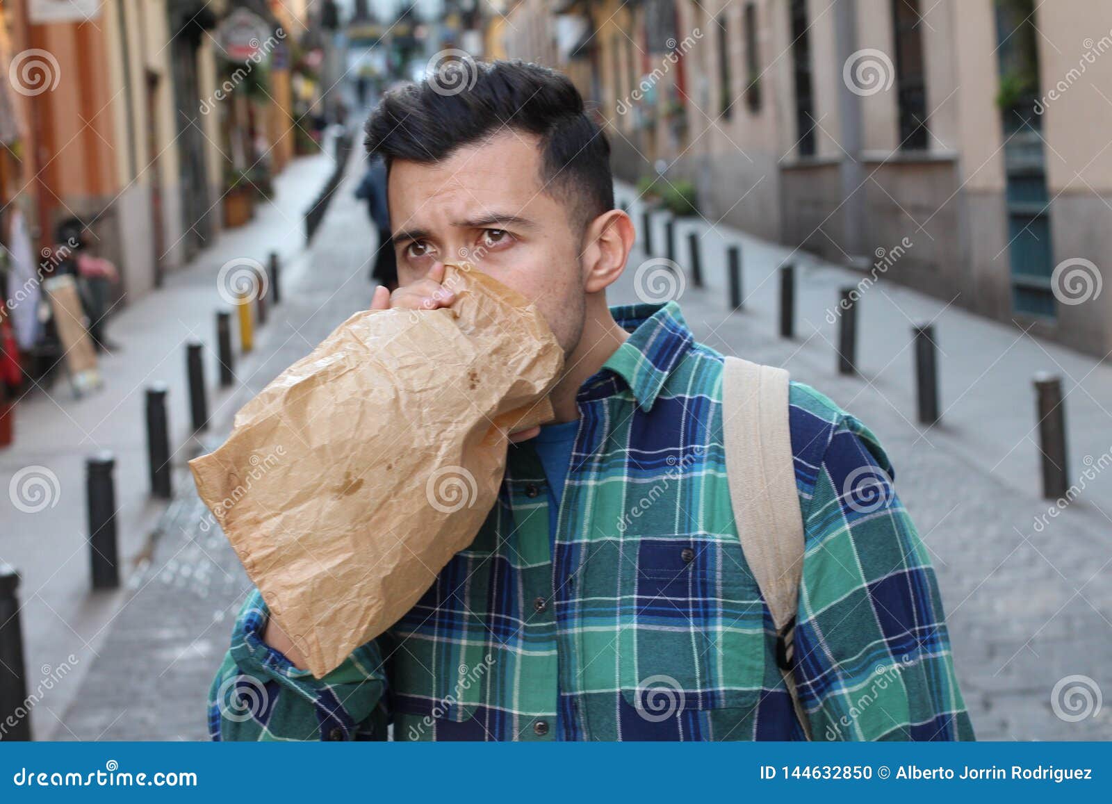 Young Ethnic Man Hyperventilating Outdoors Stock Photo - Image of fear ...