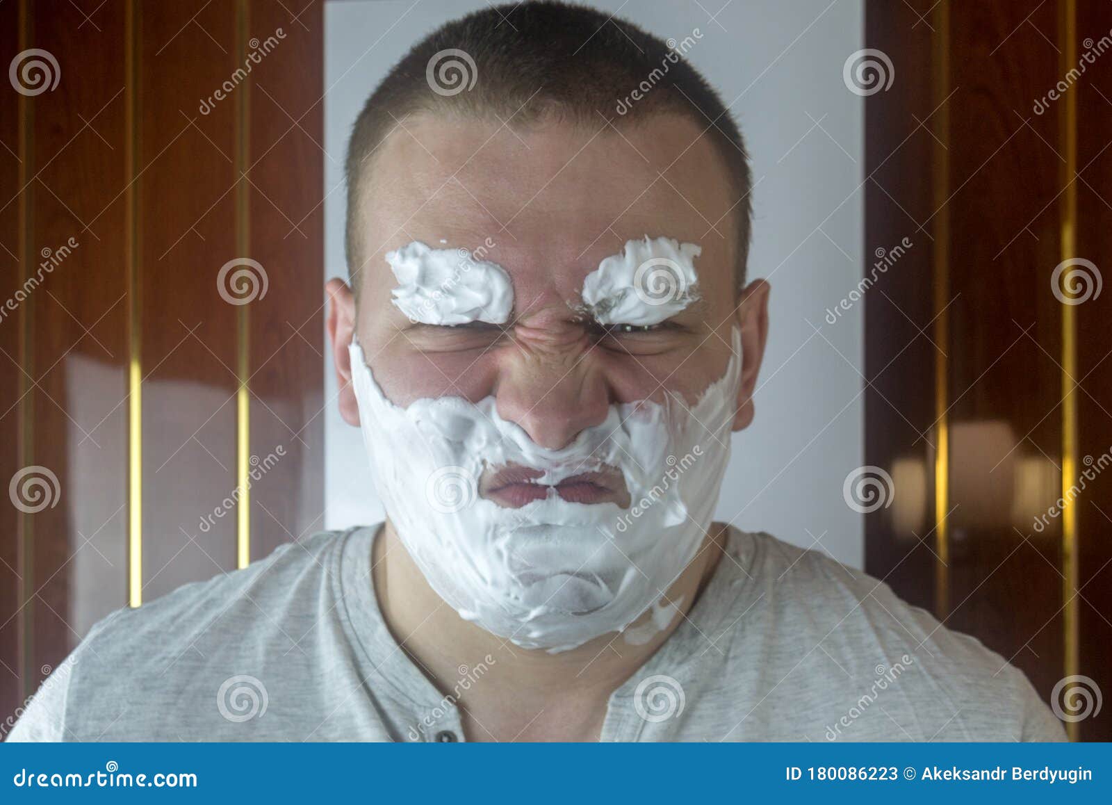 Young Evil Man Foam Beard and Eyebrows in the Bathroom Stock Image ...
