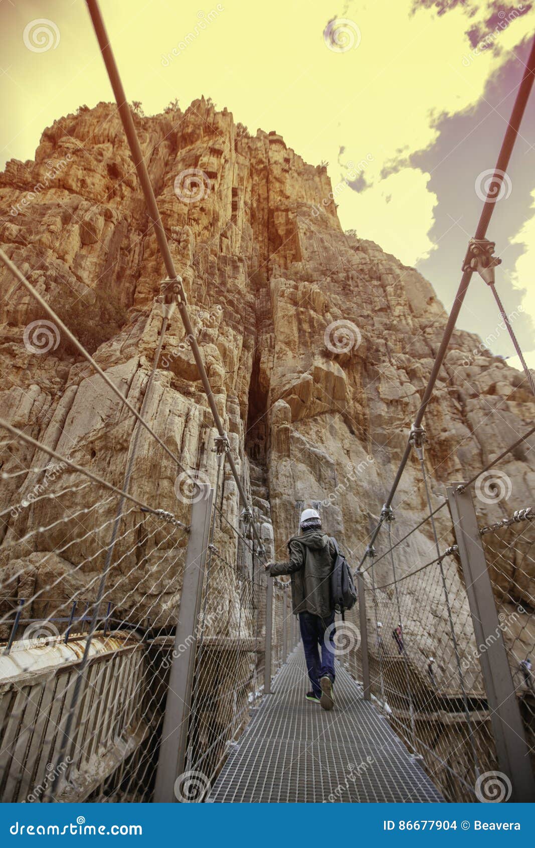 Young Explorer Crossing a Bridge on His Vacation on a Mountain Stock ...