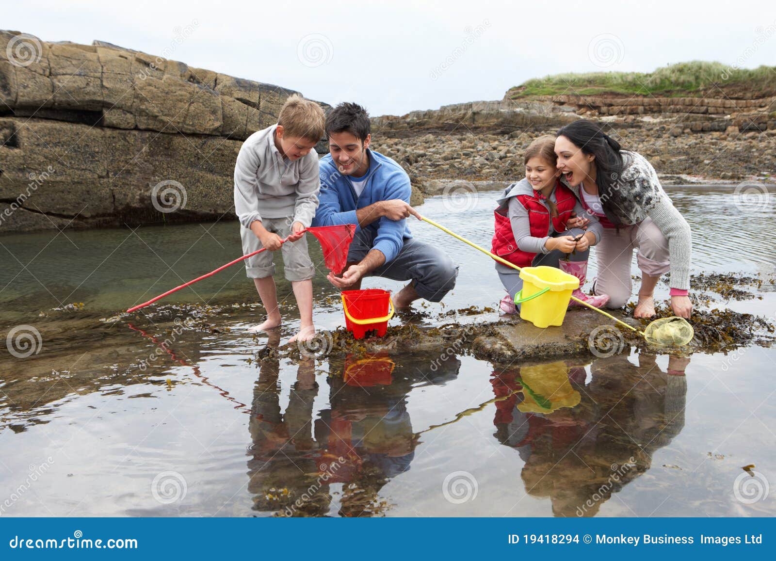 Young Family at Beach Collecting Shells Stock Photo - Image of family ...
