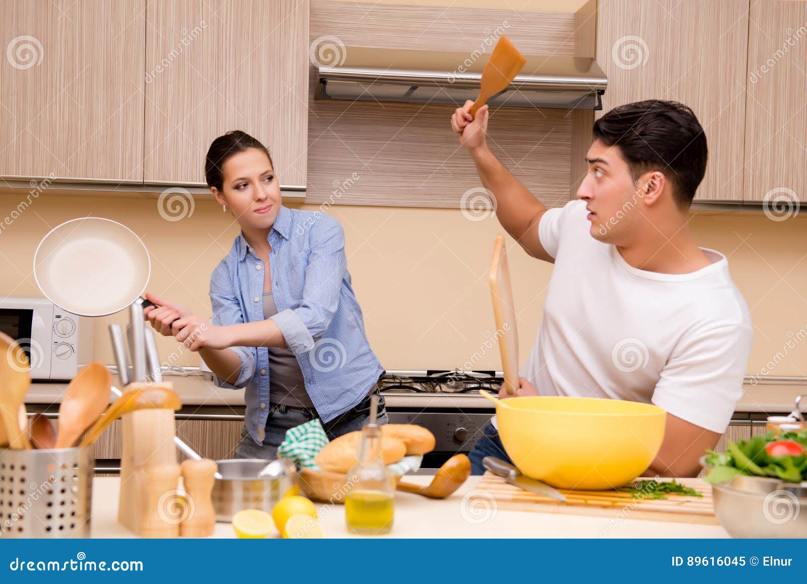 The Young Family Doing Funny Fight at Kitchen Stock Image - Image of ...