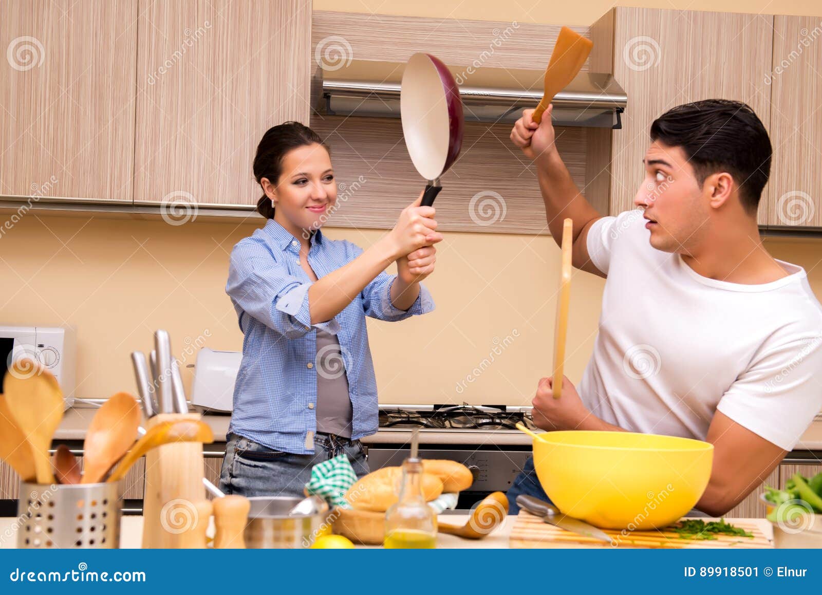 The Young Family Doing Funny Fight at Kitchen Stock Image - Image of ...