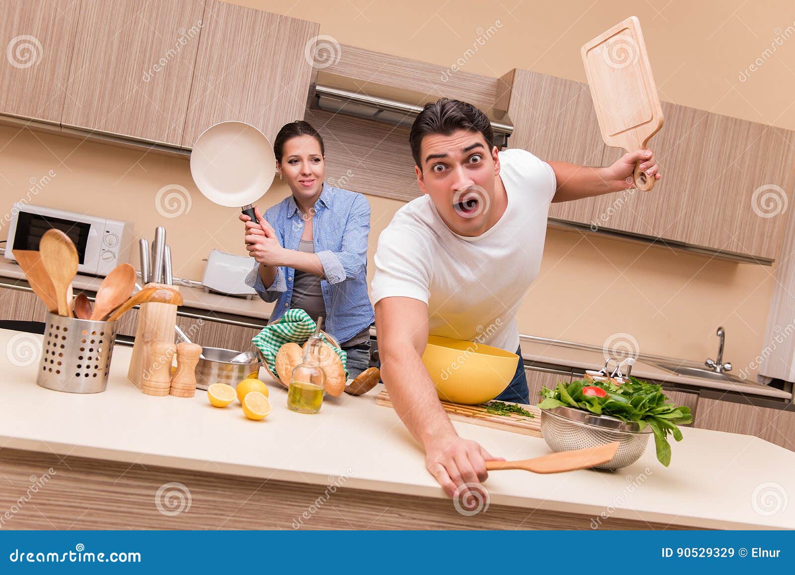 The Young Family Doing Funny Fight at Kitchen Stock Image - Image of ...