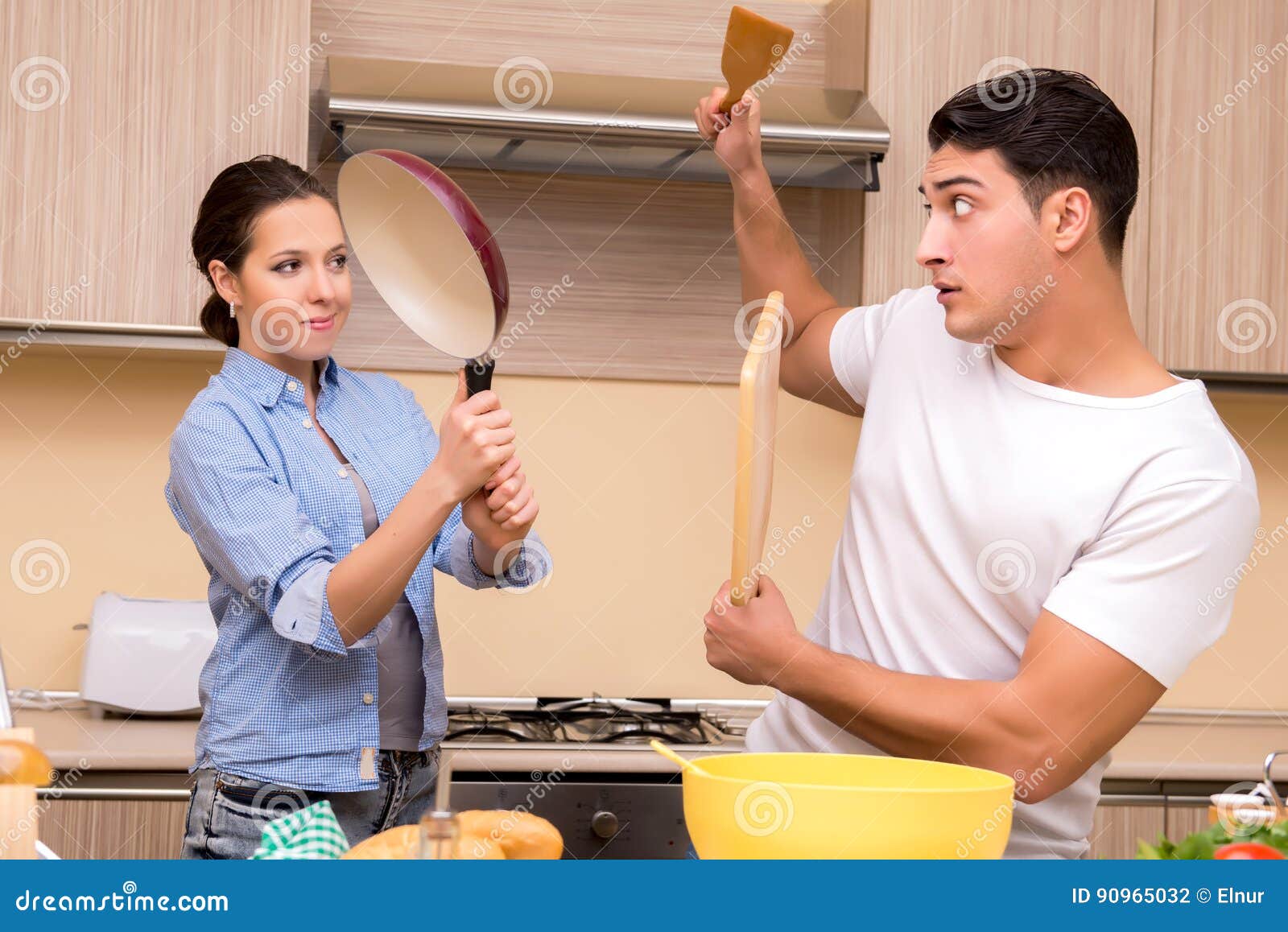 The Young Family Doing Funny Fight at Kitchen Stock Photo - Image of ...