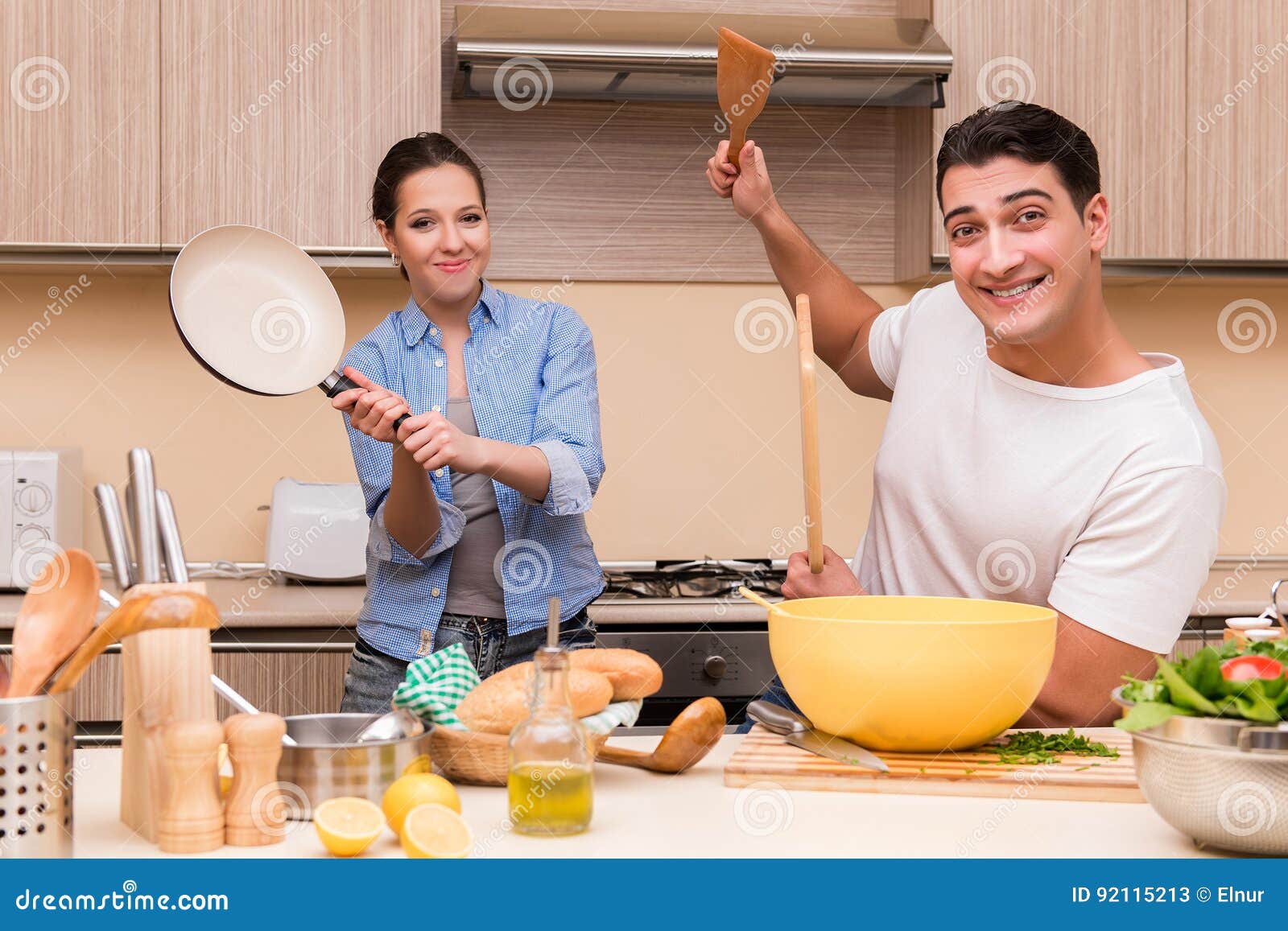 The Young Family Doing Funny Fight at Kitchen Stock Image - Image of ...