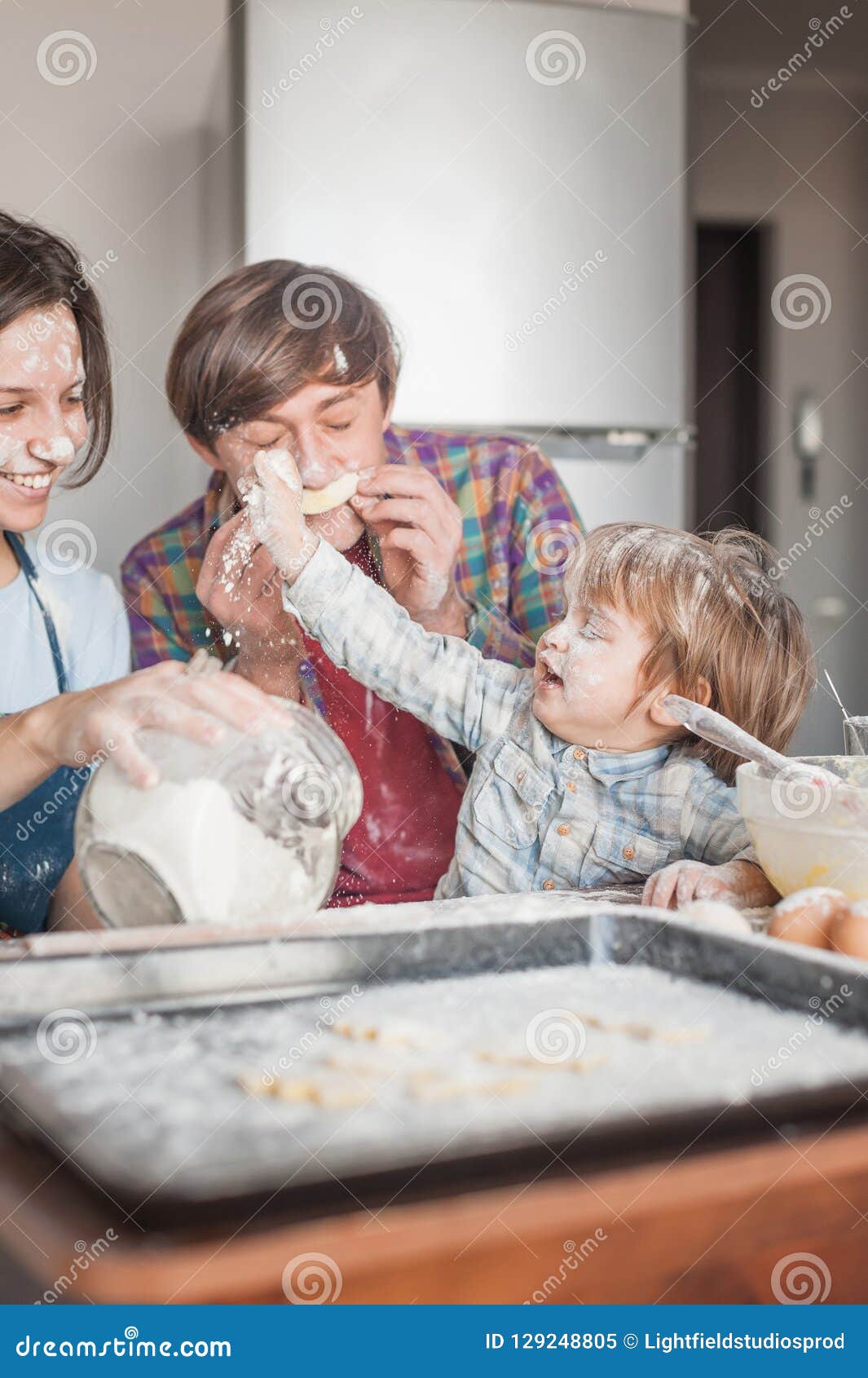 Young Family Playing Flour at Messy Kitchen Stock Image - Image of ...