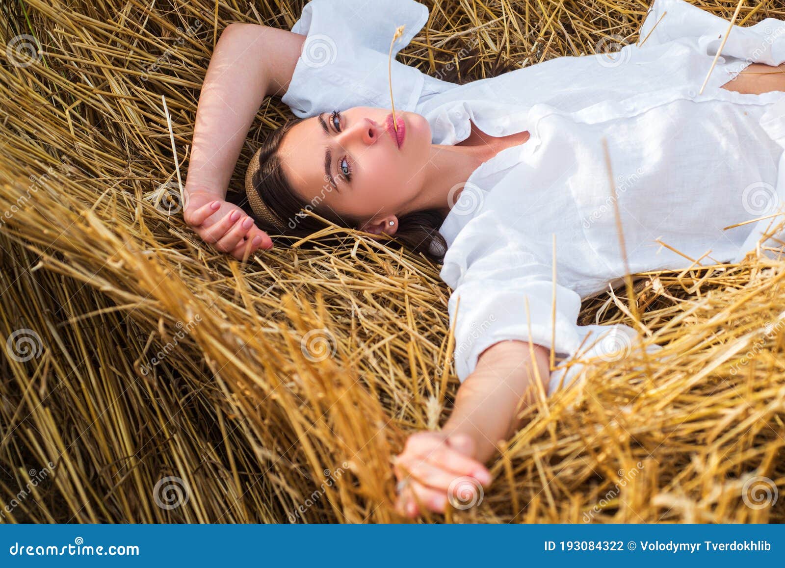 Young Farmer Woman While Laying In Hayloft Sensual Girl Lying In The Hay Haystack Female