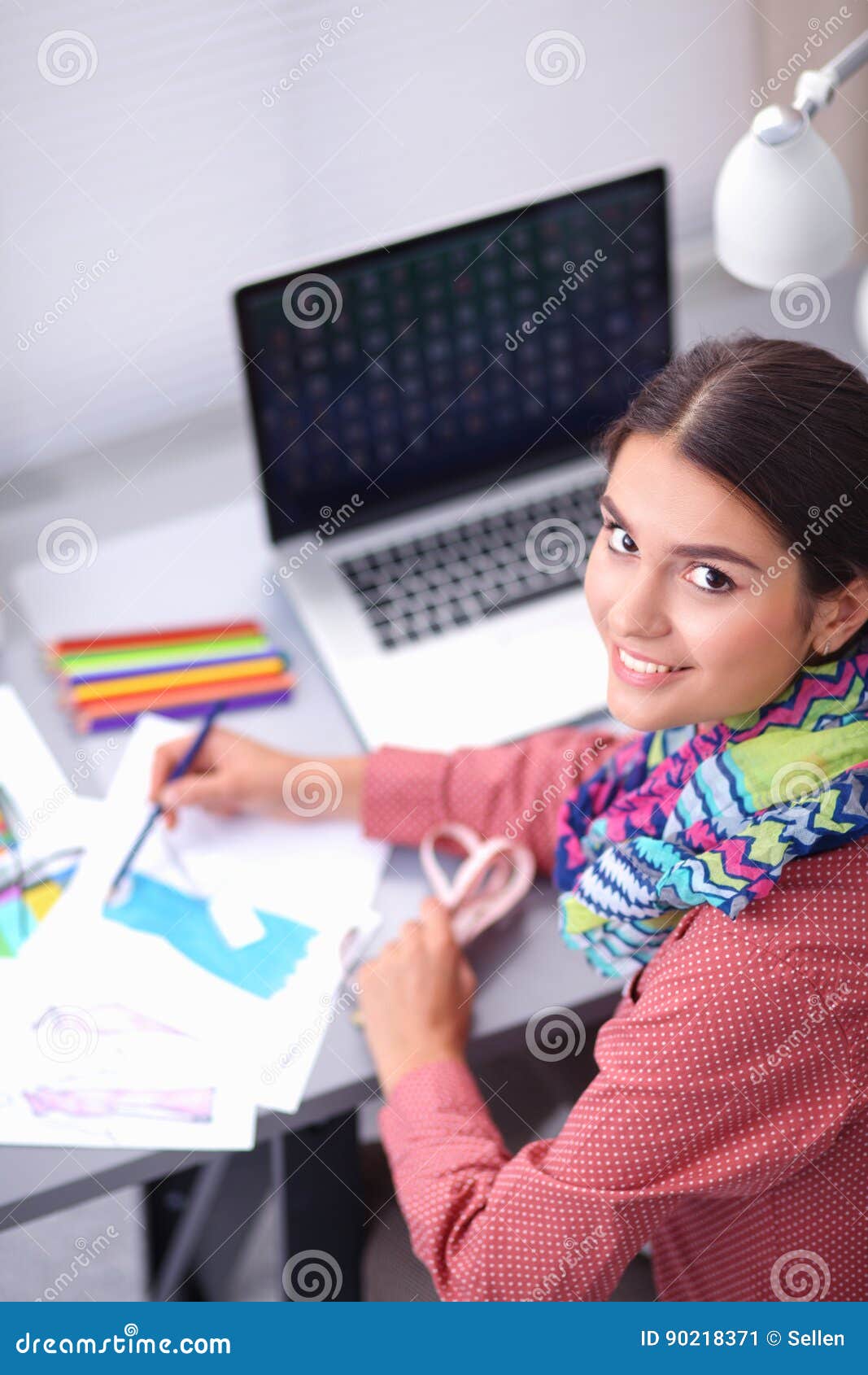 Young Fashion Designer Working at Studio. Stock Image - Image of desk ...
