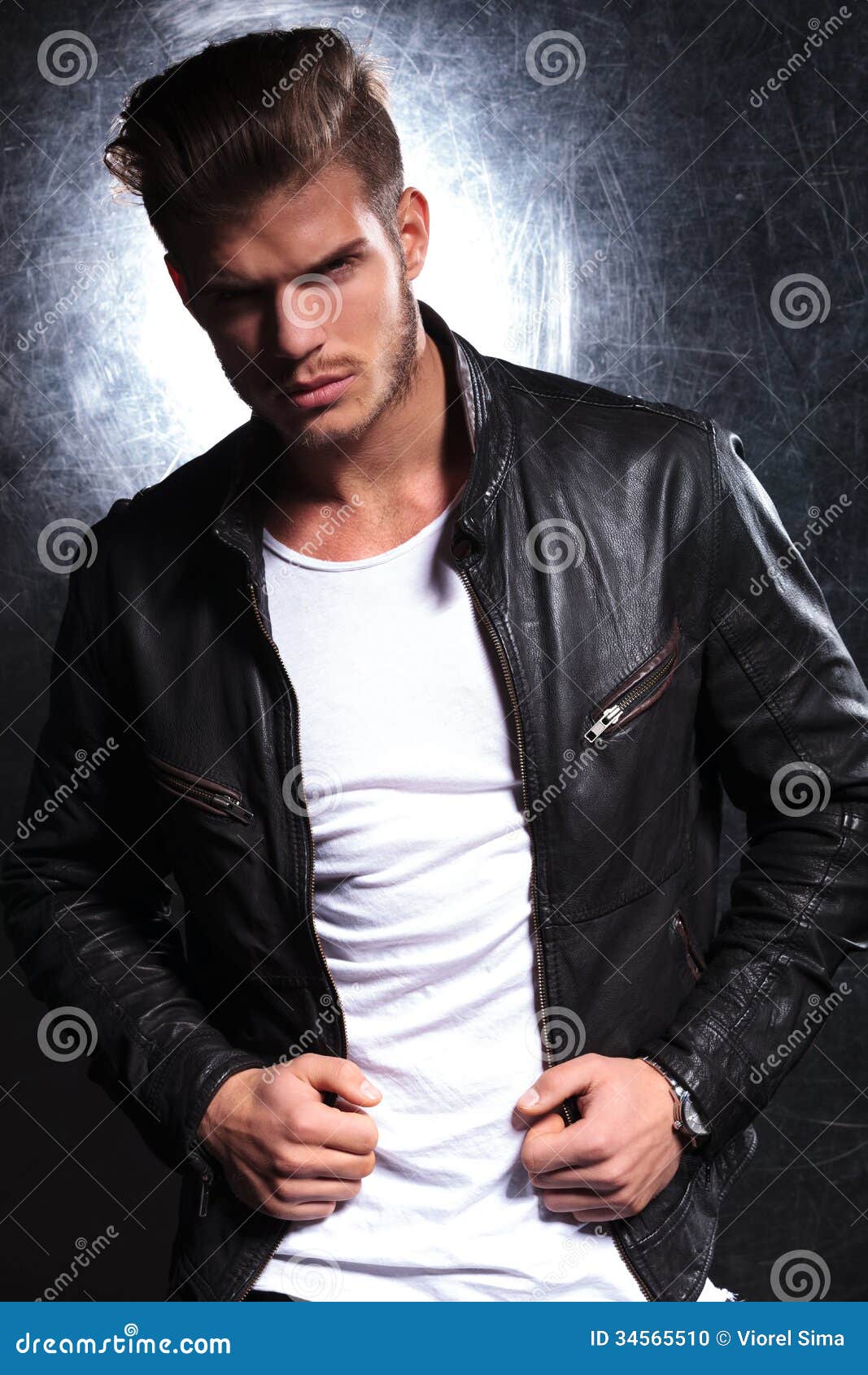 Young Fashion Model in Leather Jacket Stock Photo - Image of grunge ...