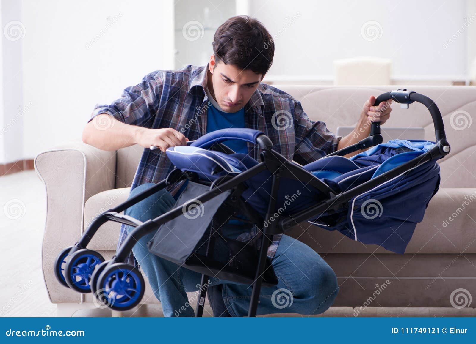 The Young Father Assembling Baby Pram at Home Stock Image - Image of ...
