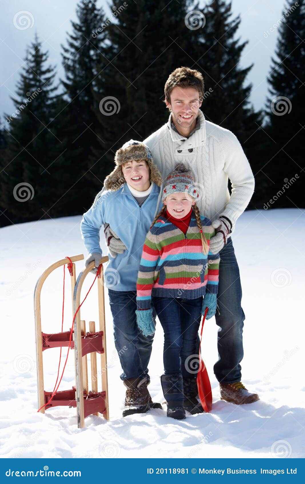 Young Father and Children in Snow with Sled Stock Image - Image of male ...