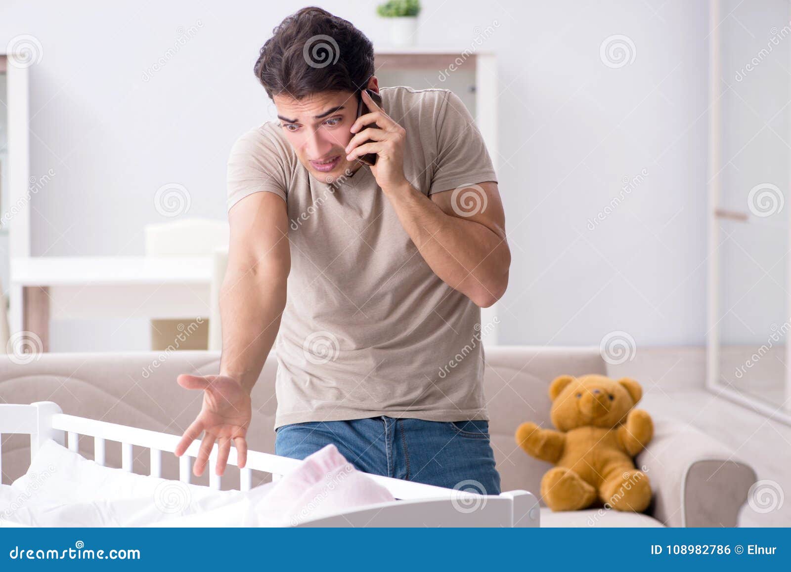The Young Father Dad Frustrated at Crying Baby Stock Photo - Image of ...
