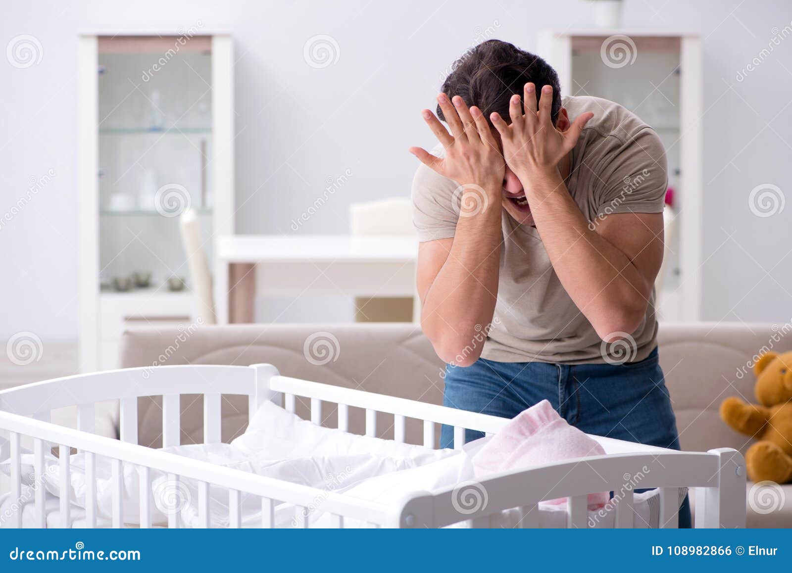 The Young Father Dad Frustrated at Crying Baby Stock Photo - Image of ...