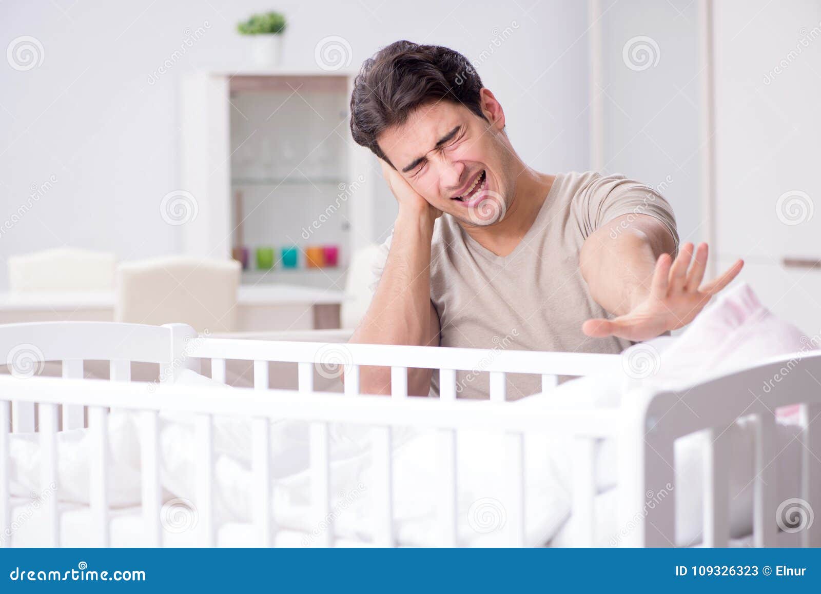 The Young Father Dad Frustrated at Crying Baby Stock Image - Image of ...