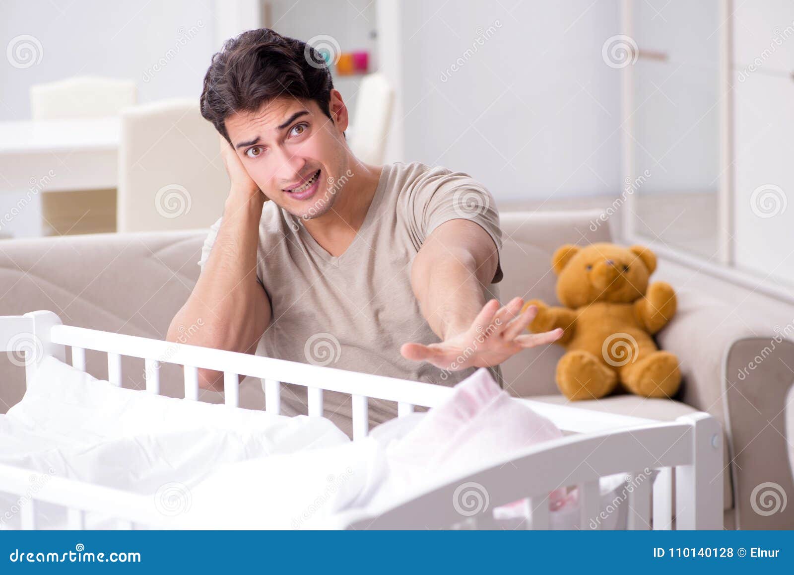 The Young Father Dad Frustrated at Crying Baby Stock Photo - Image of ...