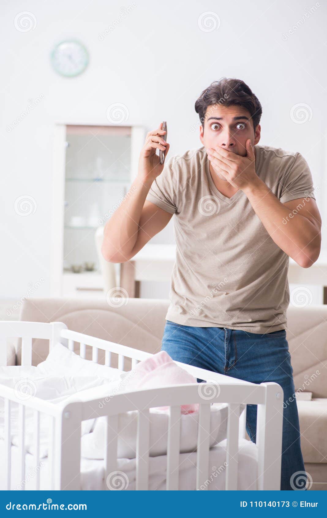 The Young Father Dad Frustrated at Crying Baby Stock Image - Image of ...