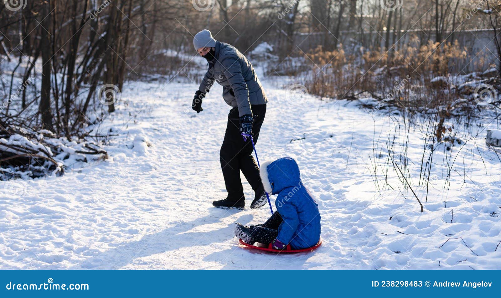 Young Father and Daughter in Snow with Sled Stock Image - Image of ...