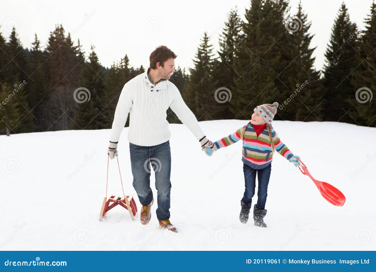 Young Father and Daughter Walking in Snow with Sle Stock Image - Image ...