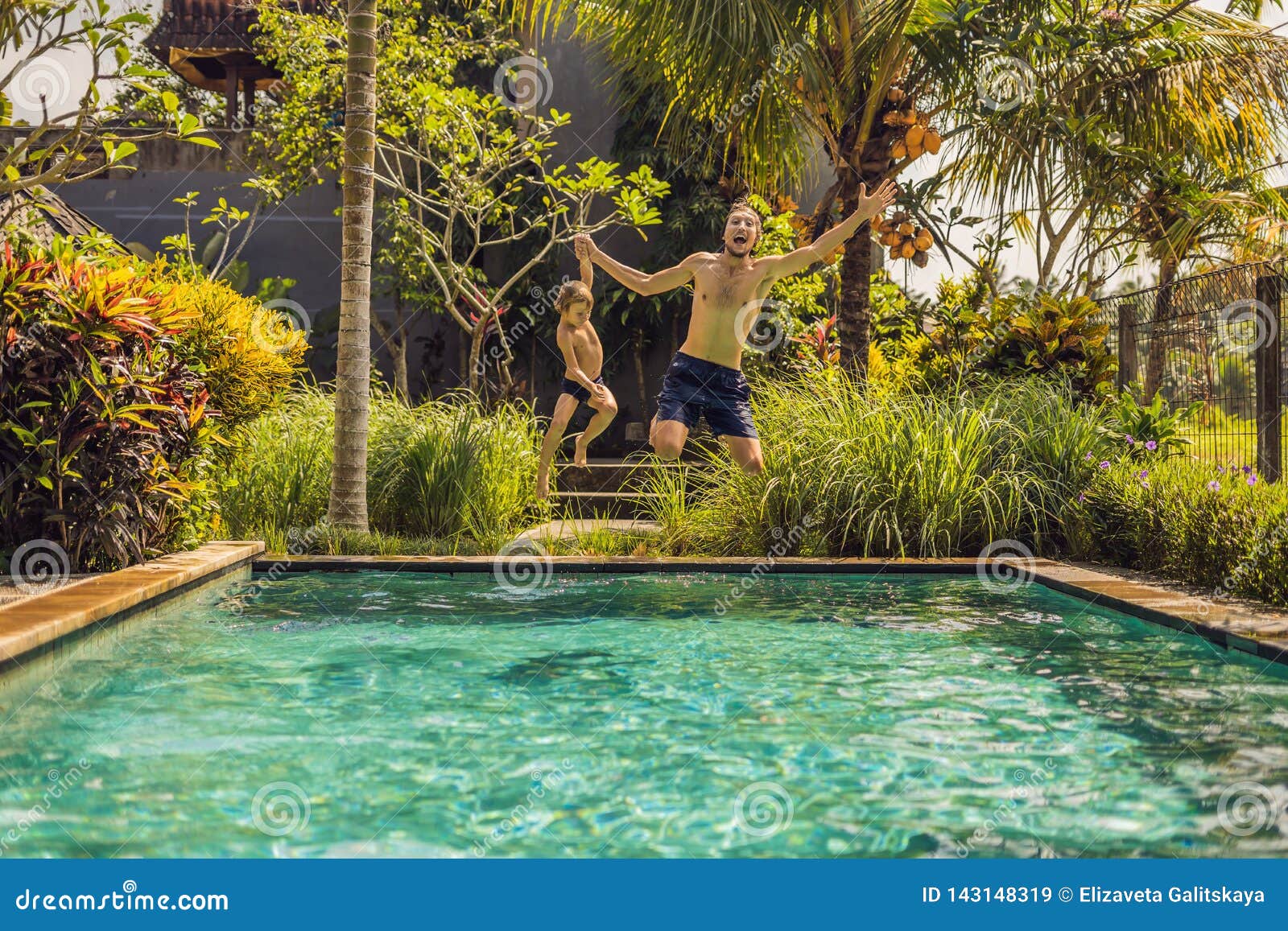 Young Father with Little Son Playing in the Pool Stock Image - Image of ...