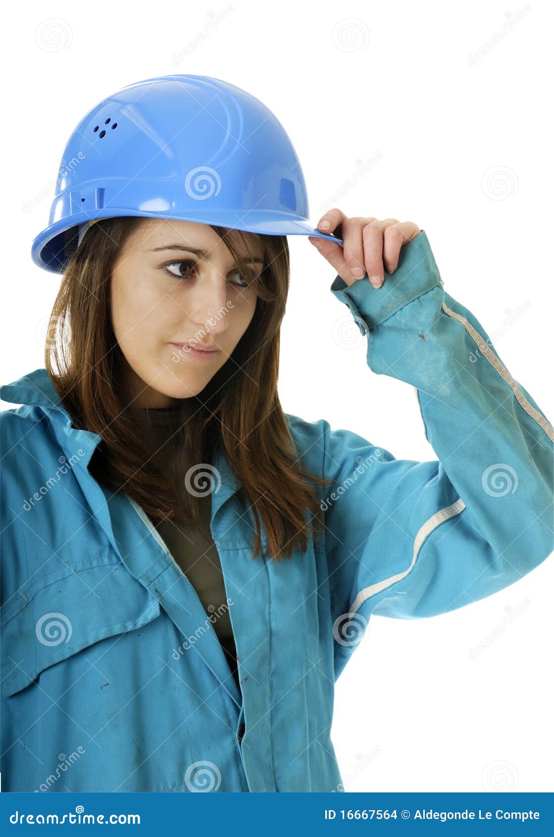 Young Female Apprentice with Blue Helmet Stock Photo - Image of looking ...