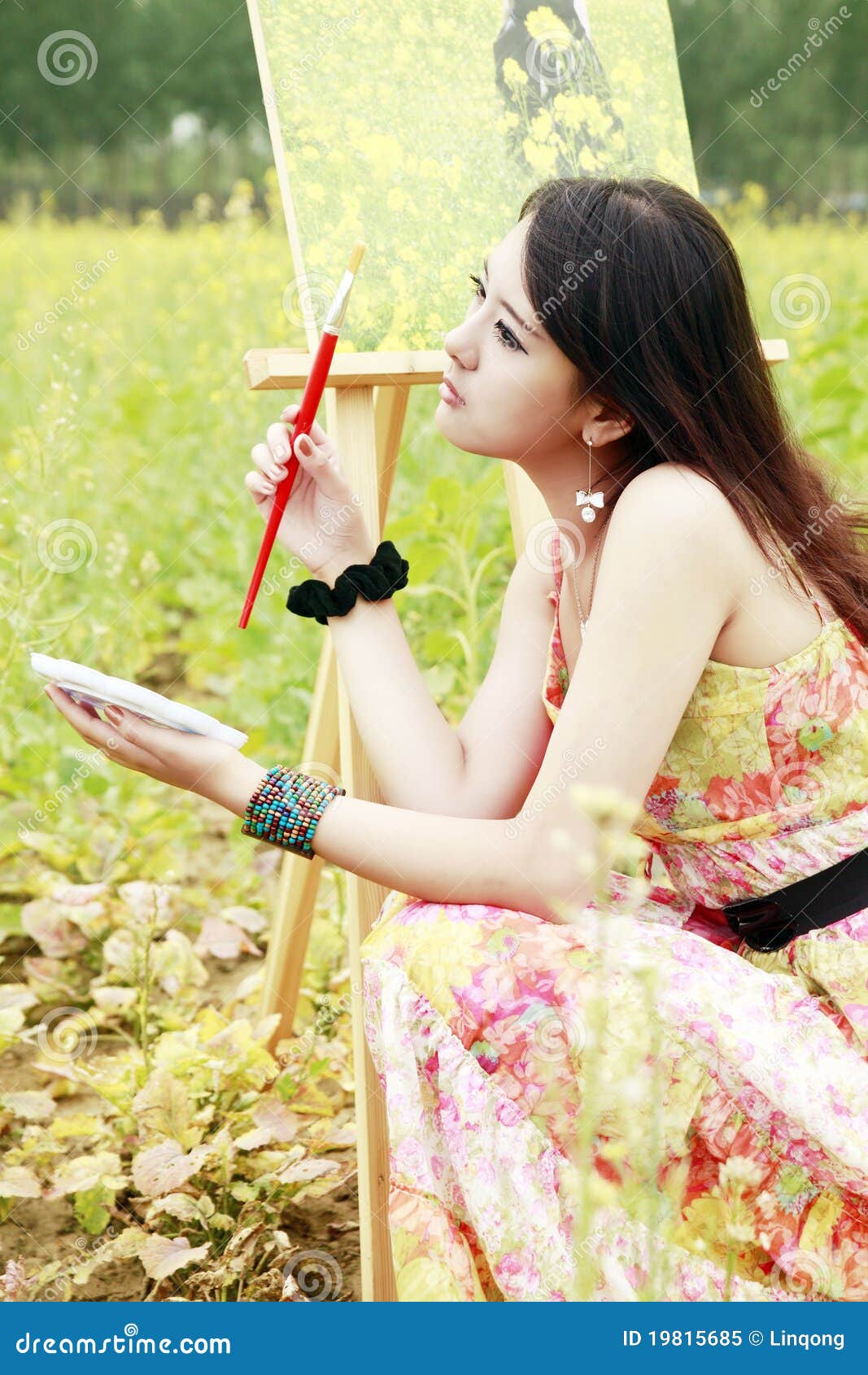 Female Artist Peeking Through The Red Curtain Stock Image ...