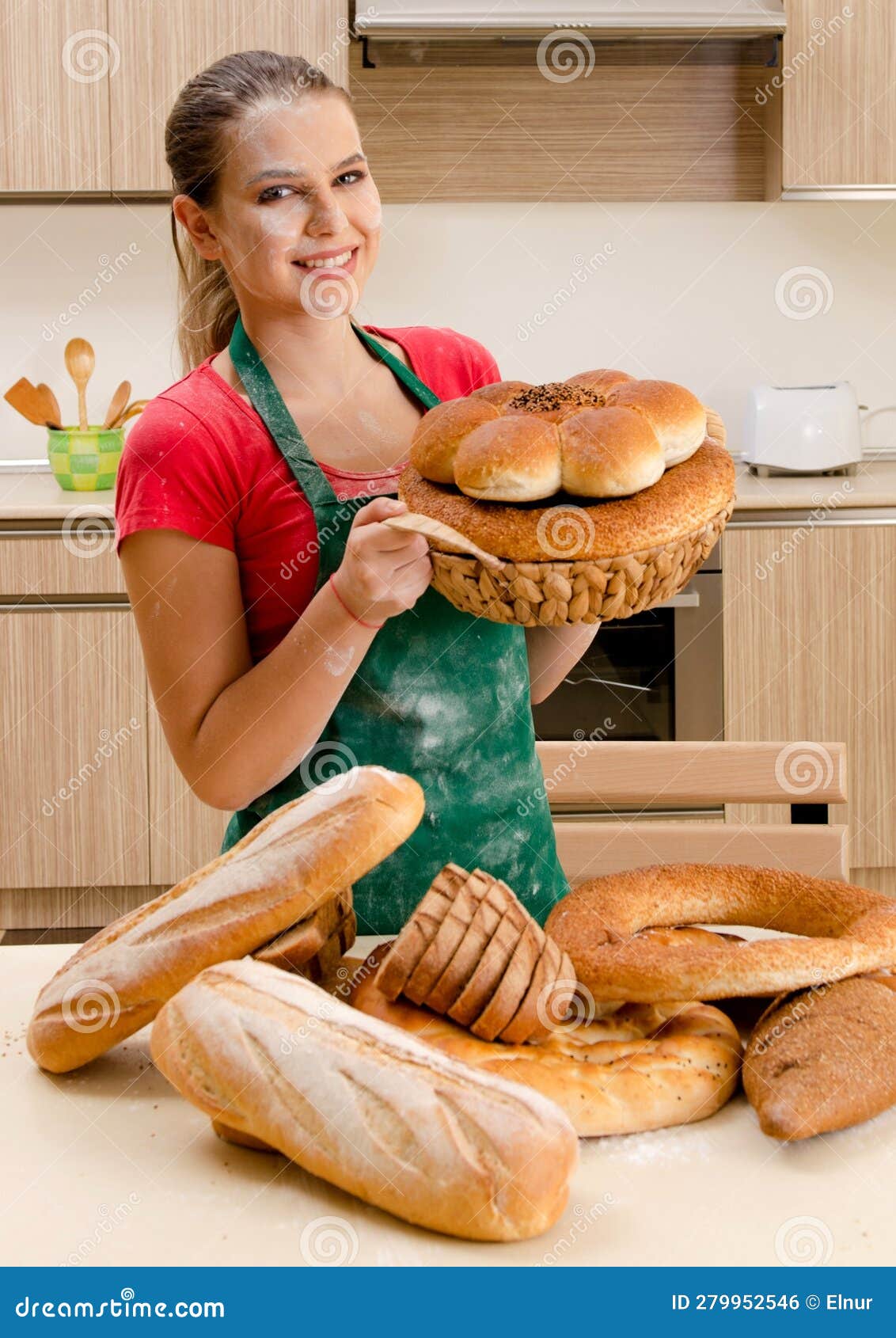 Young Female Baker Working in Kitchen Stock Photo - Image of baking ...