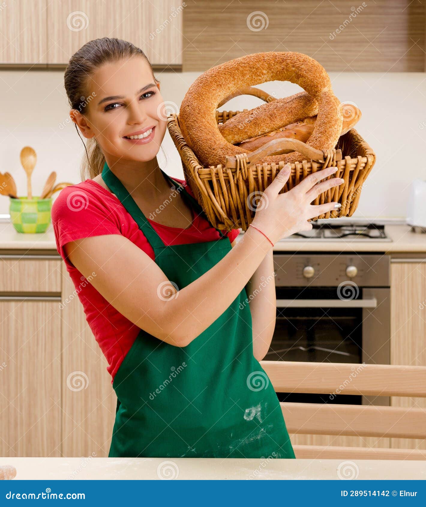 Young Female Baker Working in Kitchen Stock Photo - Image of dough ...