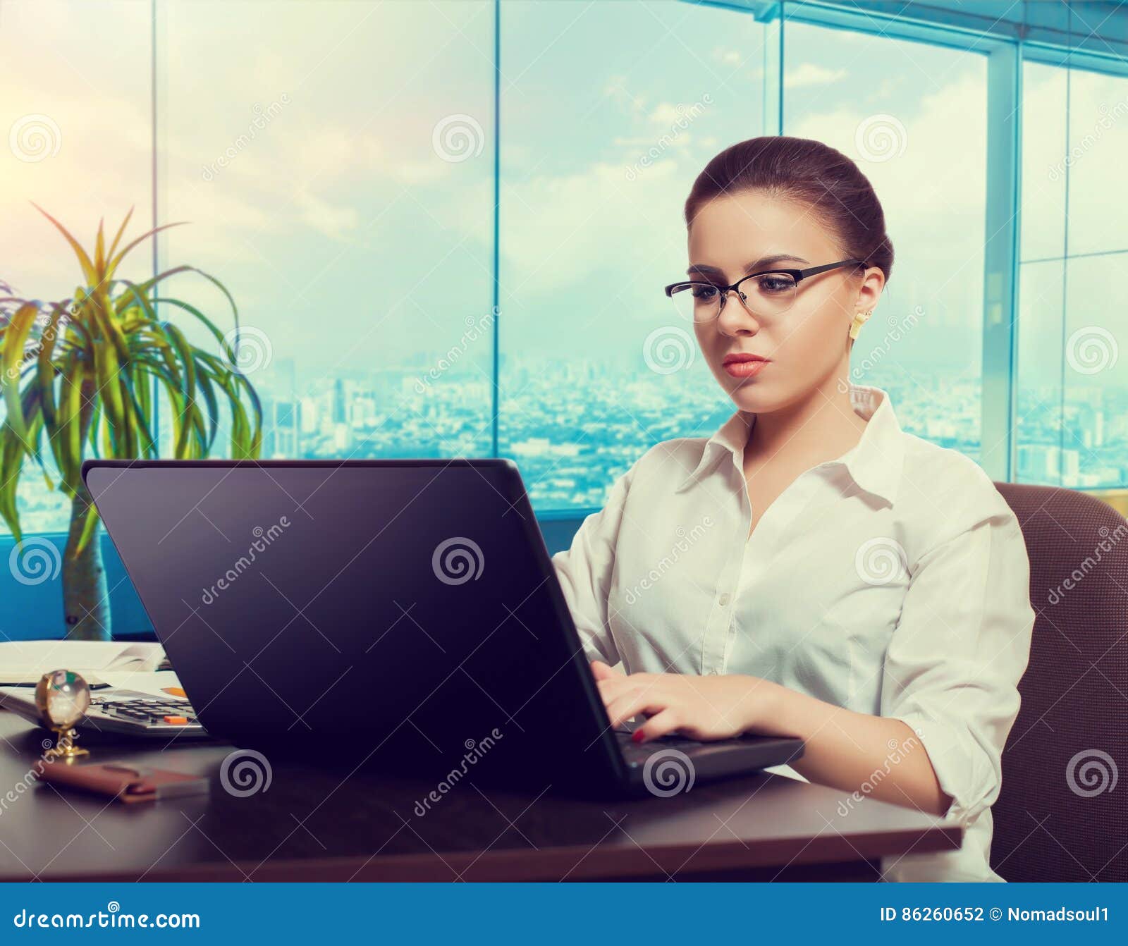 Female Bookkeeper in Glasses Using Laptop Stock Photo - Image of ...
