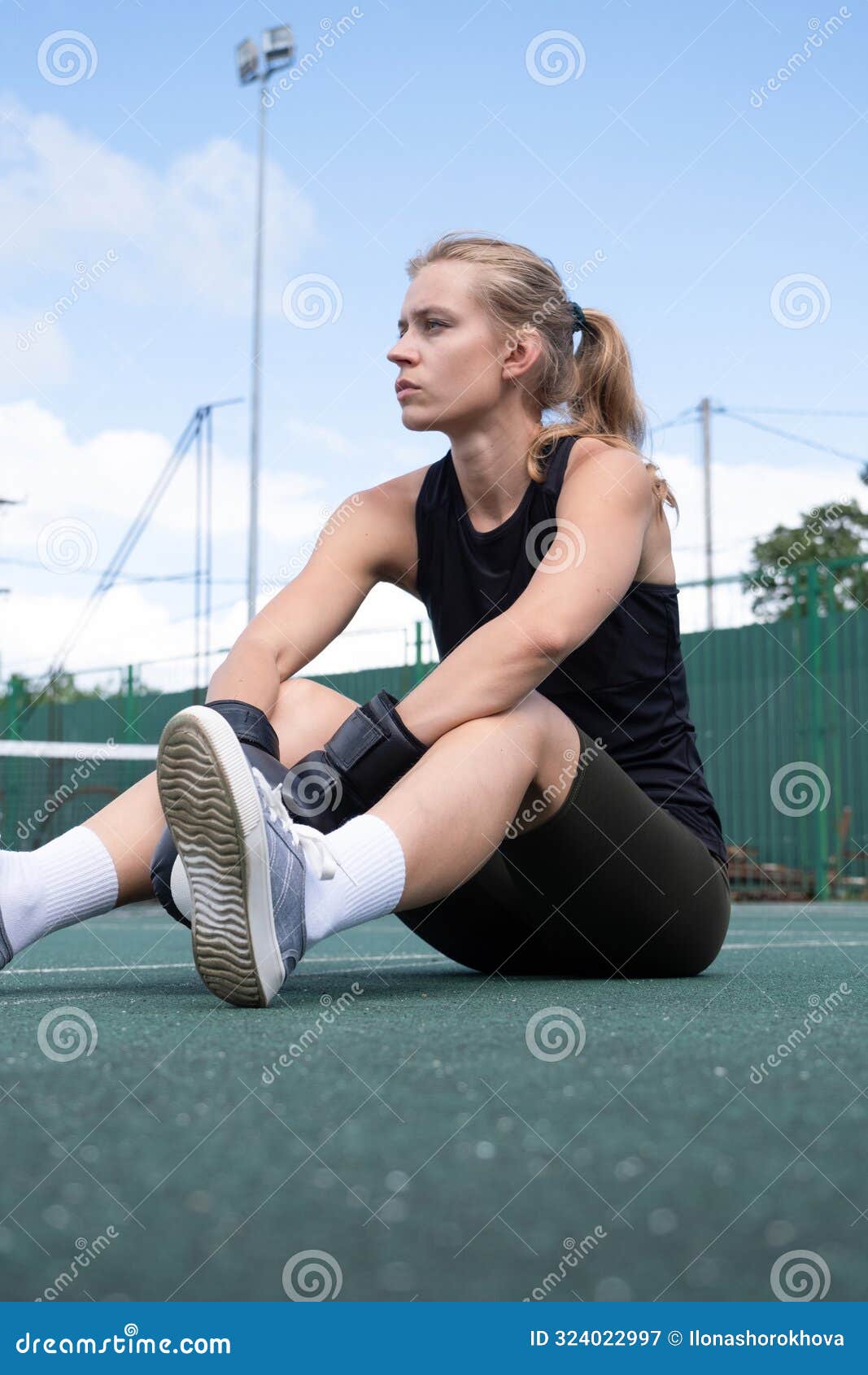 Young Female Boxer Training in the Stadium, Having Rest Sitting Stock ...