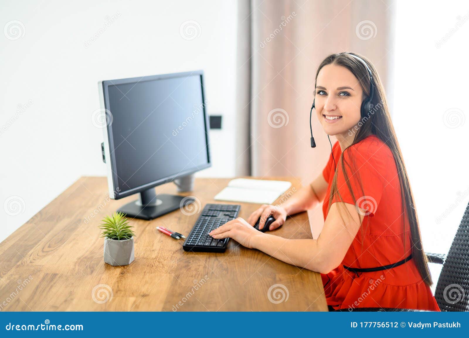 Woman Using Headset and Pc for Work Stock Photo - Image of monitor ...