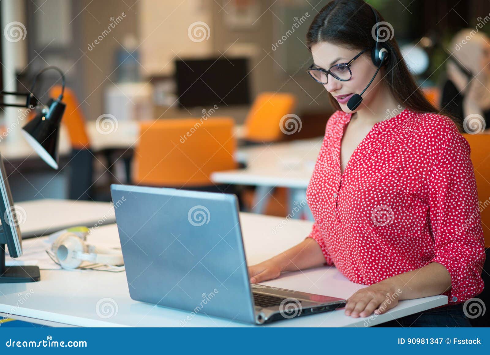 Young Female in Call Center Team Stock Image - Image of computer ...