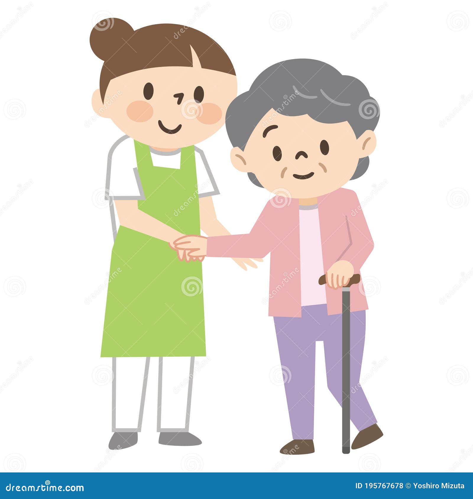 Young Female Caregiver Assisting An Elderly Woman With A Cane Stock