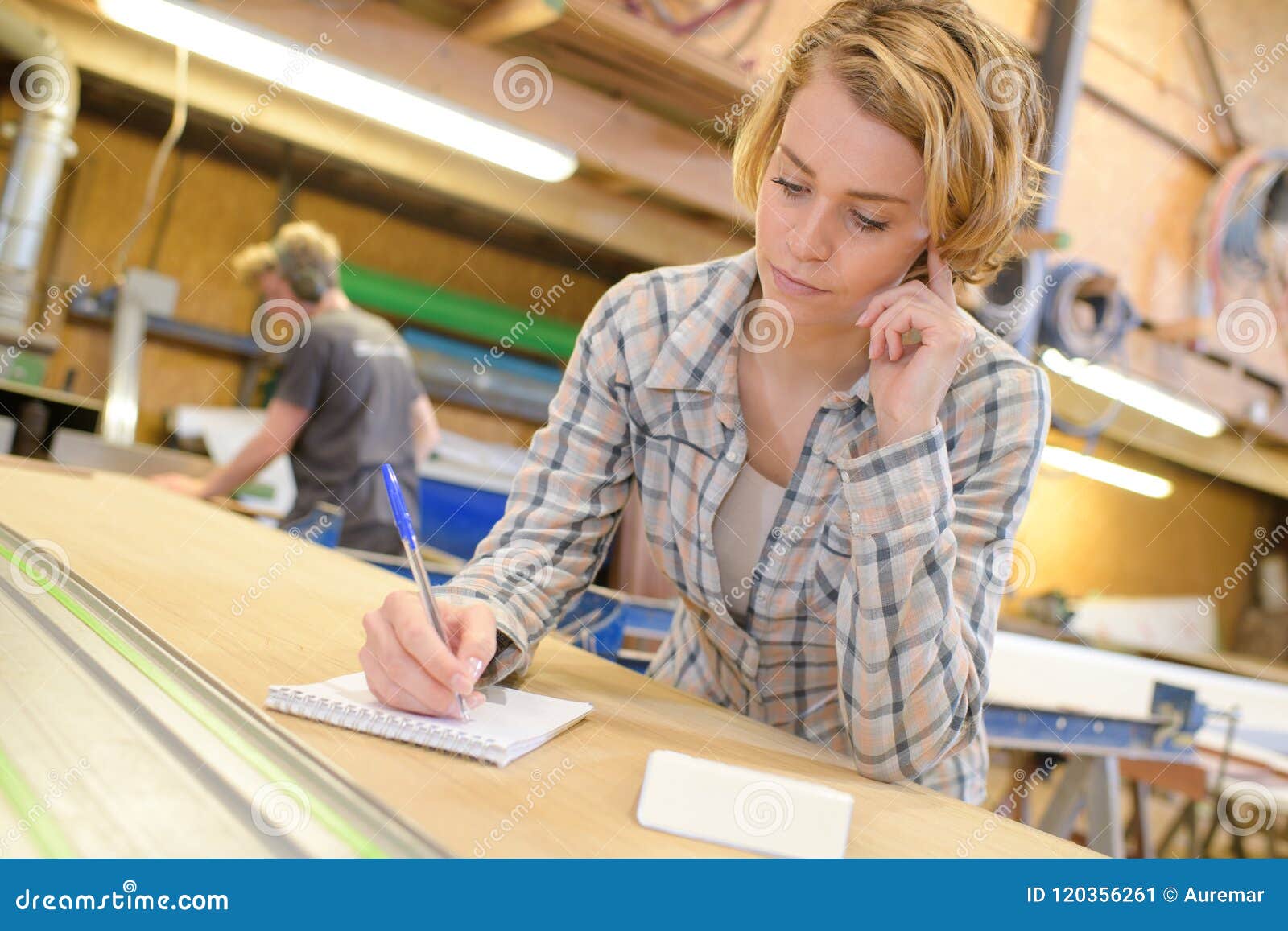 Young Female Carpenter Writing on Document in Workshop Stock Image ...